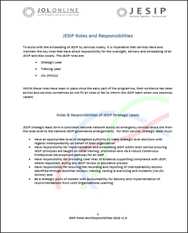 JESIP Roles & Responsibilities in Services - JESIP Website